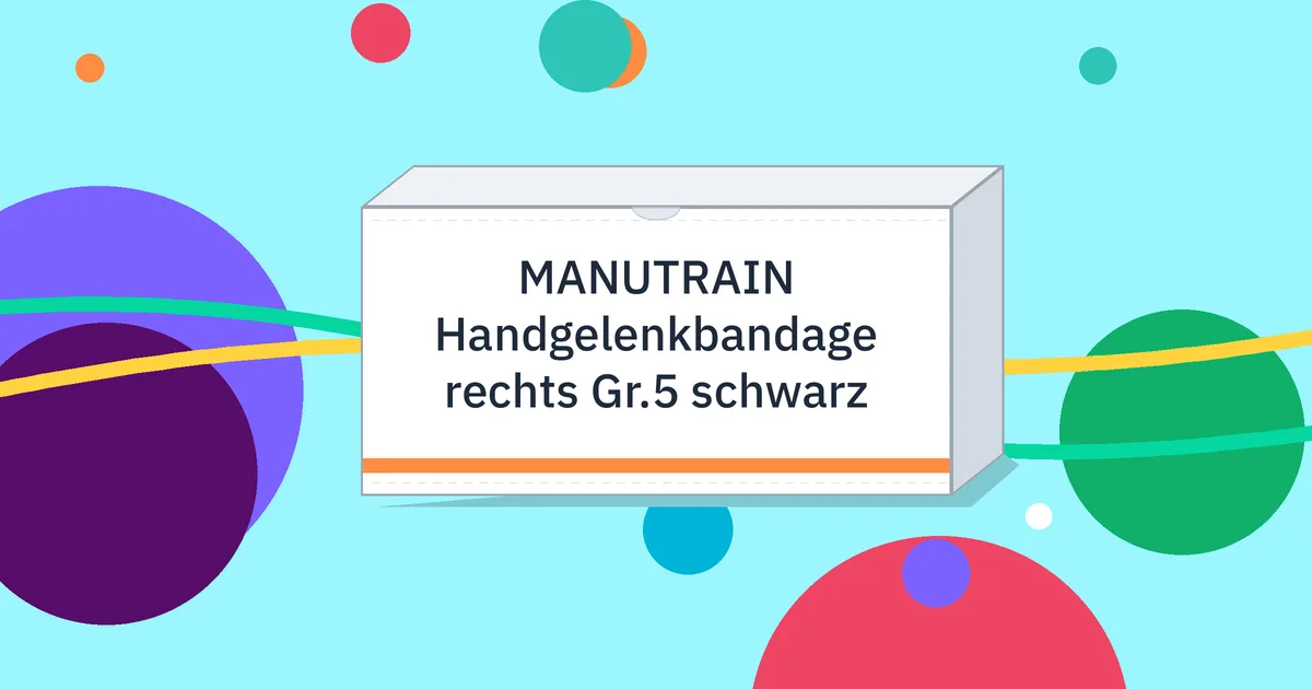 Symbolbild: Packung mit der Aufschrift MANUTRAIN Handgelenkbandage rechts Gr.5 schwarz (PZN 07552323) – Verfügbarkeit und Bezug in Apotheken in Frankfurt am Main