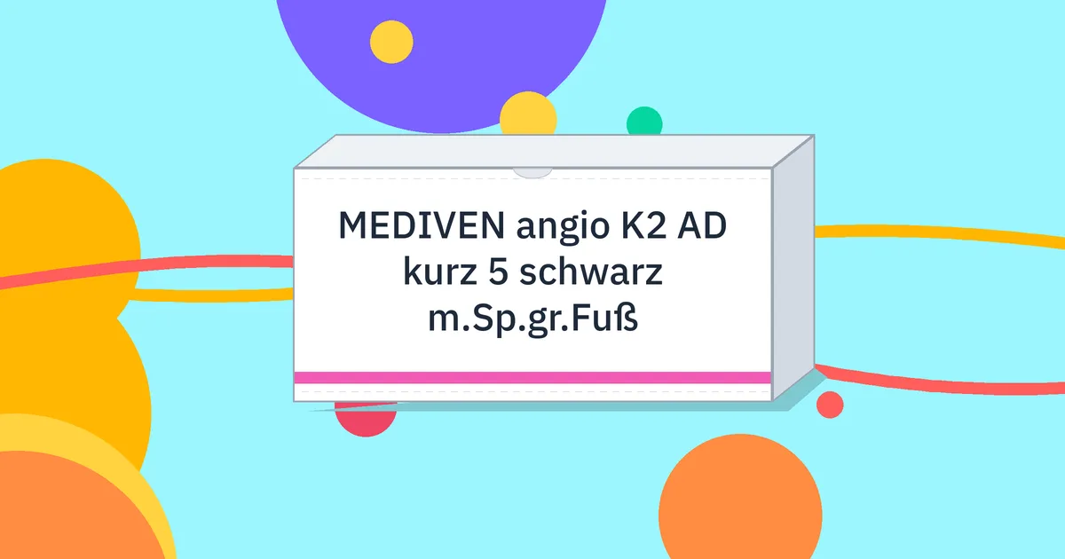 Symbolbild: Packung mit der Aufschrift MEDIVEN angio K2 AD kurz 5 schwarz m.Sp.gr.Fuß (PZN 17211238) – Verfügbarkeit und Bezug in Apotheken in Frankfurt am Main