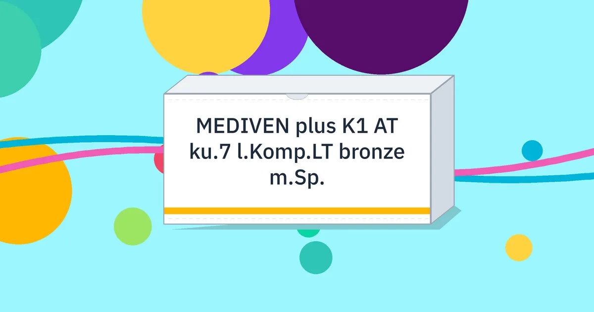 Symbolbild: Packung mit der Aufschrift MEDIVEN plus K1 AT ku.7 l.Komp.LT bronze m.Sp. (PZN 15029765) – Verfügbarkeit und Bezug in Apotheken in Frankfurt am Main