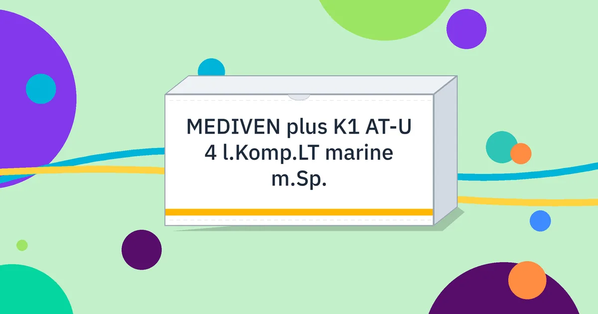 Symbolbild: Packung mit der Aufschrift MEDIVEN plus K1 AT-U 4 l.Komp.LT marine m.Sp. (PZN 15032595) – Verfügbarkeit und Bezug in Apotheken in Frankfurt am Main