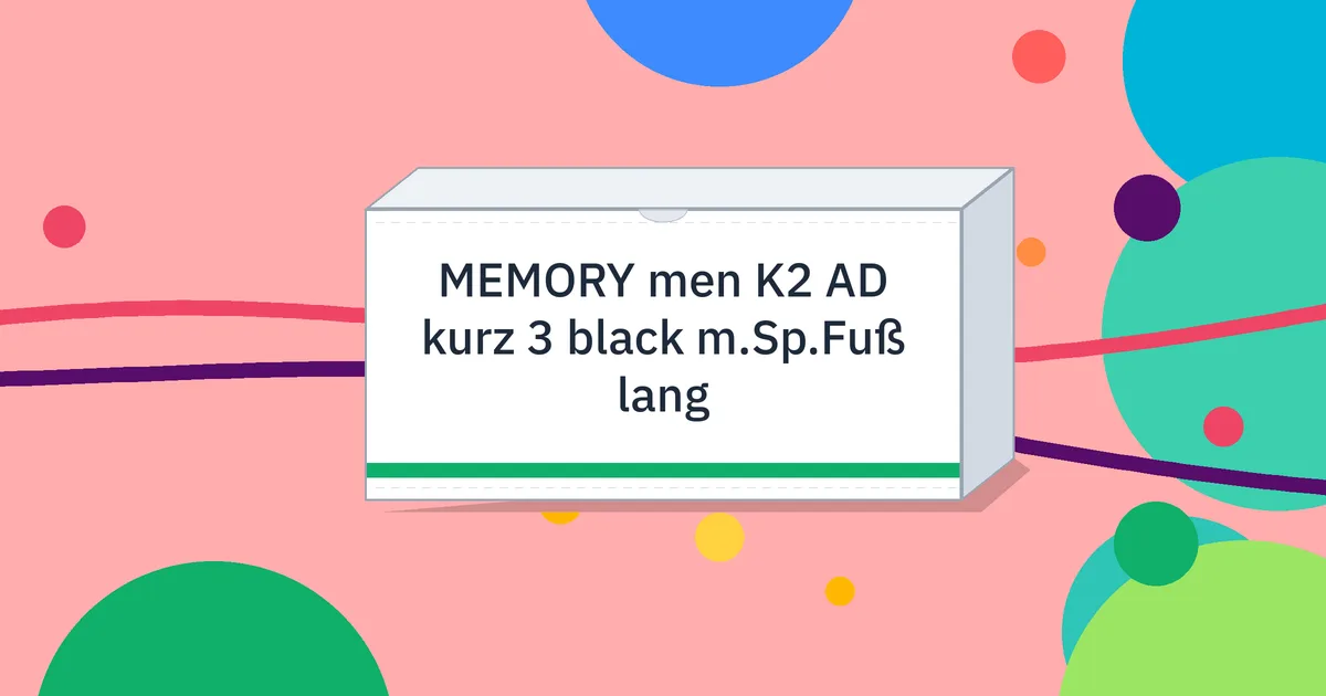 Symbolbild: Packung mit der Aufschrift MEMORY men K2 AD kurz 3 black m.Sp.Fuß lang (PZN 16720989) – Verfügbarkeit und Bezug in Apotheken in Frankfurt am Main