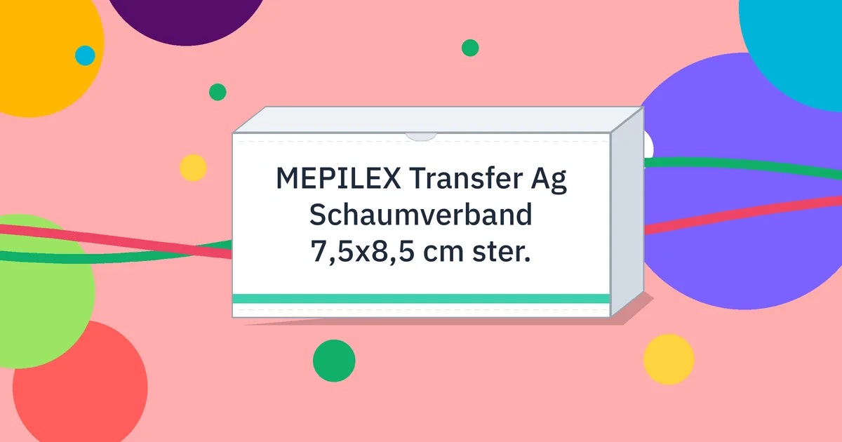 Symbolbild: Packung mit der Aufschrift MEPILEX Transfer Ag Schaumverband 7,5x8,5 cm ster. (PZN 13582819) – Verfügbarkeit und Bezug in Apotheken in Frankfurt am Main