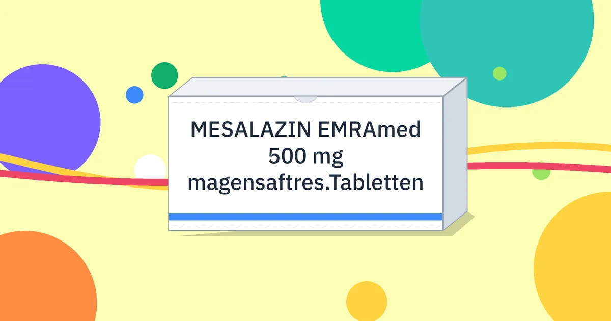 Symbolbild: Packung mit der Aufschrift MESALAZIN EMRAmed 500 mg magensaftres.Tabletten (PZN 12355116) – Verfügbarkeit und Bezug in Apotheken in Frankfurt am Main