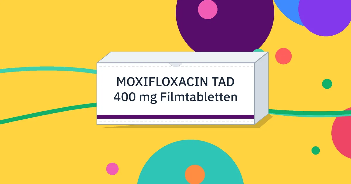 Symbolbild: Packung mit der Aufschrift MOXIFLOXACIN TAD 400 mg Filmtabletten (PZN 10526944) – Verfügbarkeit und Bezug in Apotheken in Frankfurt am Main