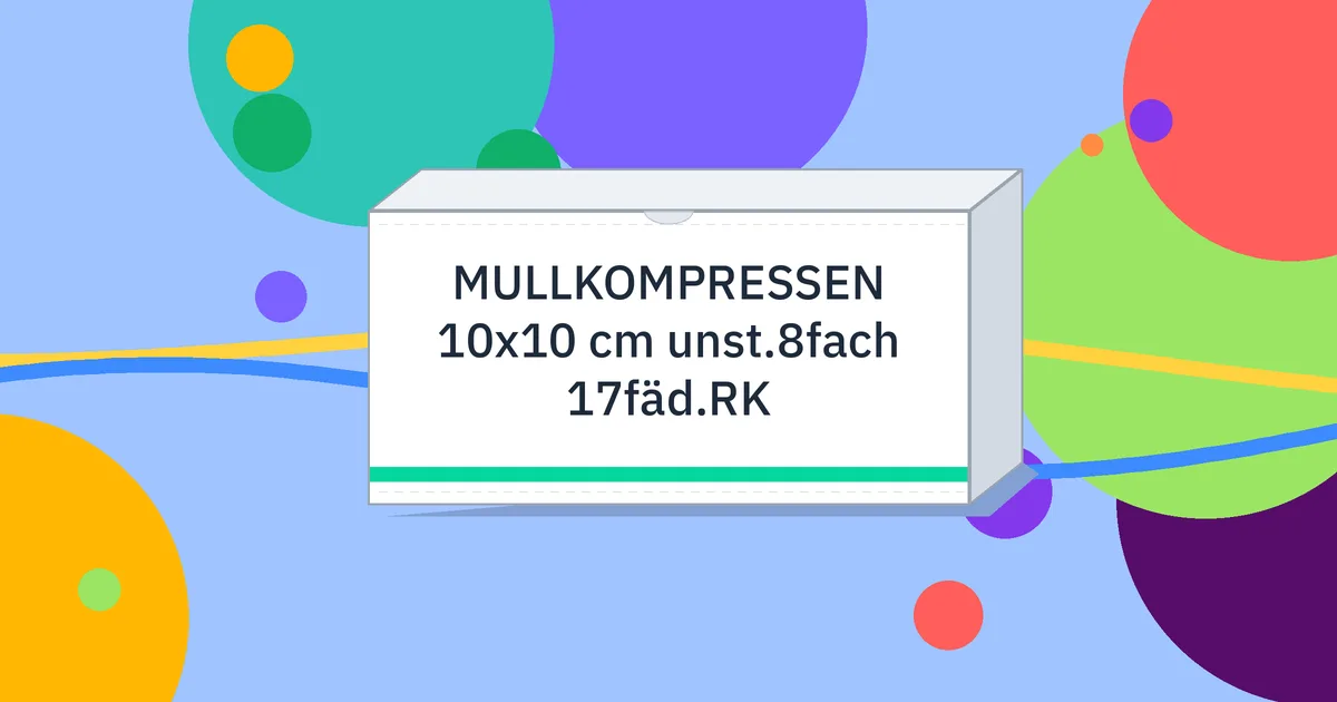 Symbolbild: Packung mit der Aufschrift MULLKOMPRESSEN 10x10 cm unst.8fach 17fäd.RK (PZN 06928625) – Verfügbarkeit und Bezug in Apotheken in Frankfurt am Main