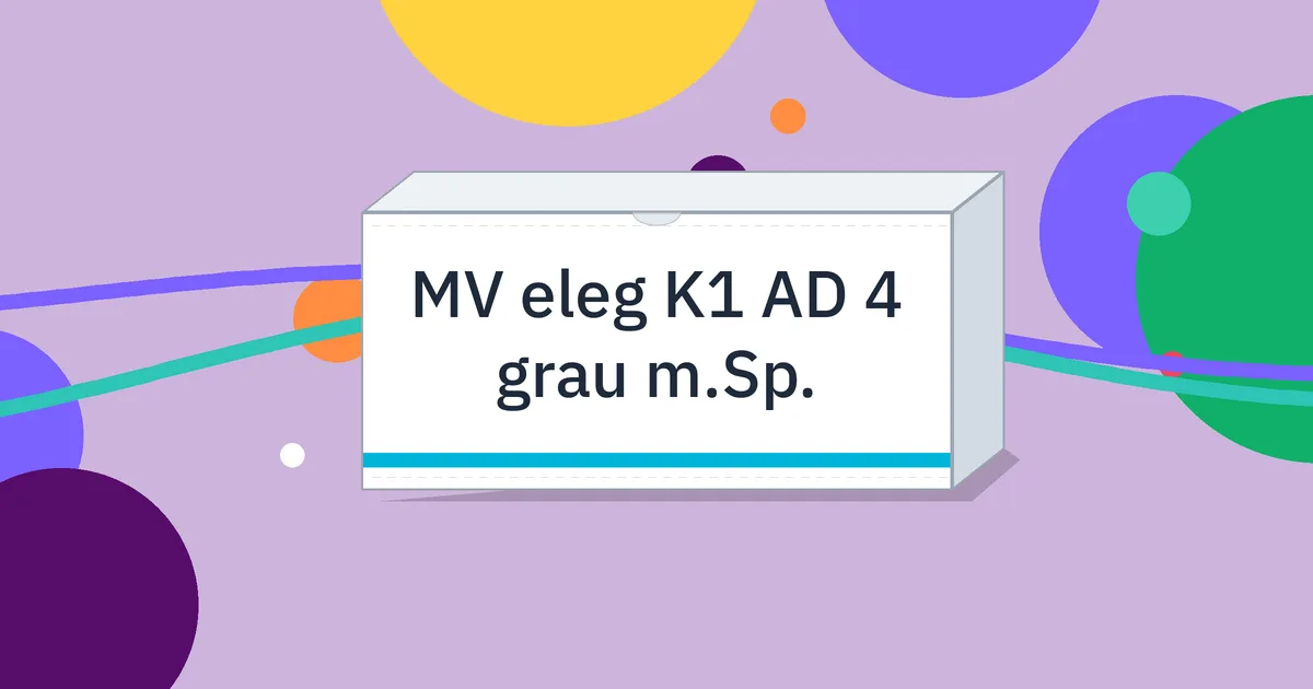 Symbolbild: Packung mit der Aufschrift MV eleg K1 AD 4 grau m.Sp. (PZN 18916490) – Verfügbarkeit und Bezug in Apotheken in Frankfurt am Main