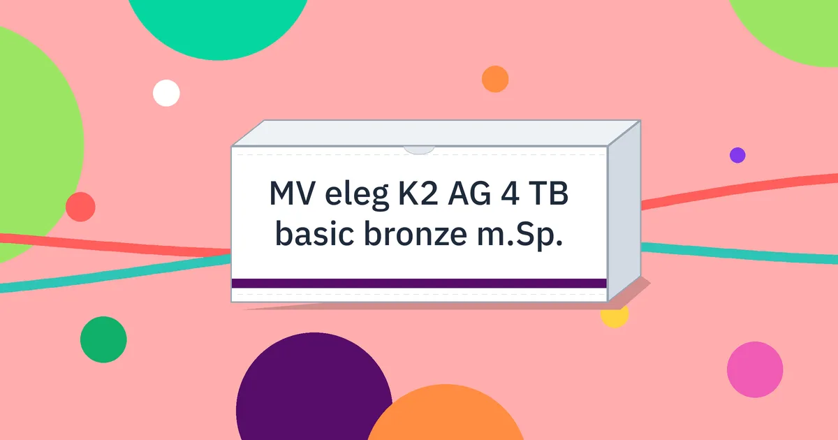 Symbolbild: Packung mit der Aufschrift MV eleg K2 AG 4 TB basic bronze m.Sp. (PZN 14720152) – Verfügbarkeit und Bezug in Apotheken in Frankfurt am Main