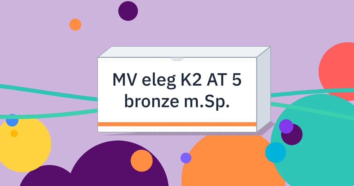 Symbolbild: Packung mit der Aufschrift MV eleg K2 AT 5 bronze m.Sp. (PZN 15284606) – Verfügbarkeit und Bezug in Apotheken in Frankfurt am Main