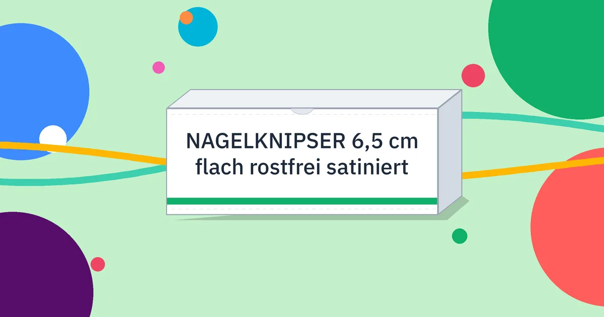 Symbolbild: Packung mit der Aufschrift NAGELKNIPSER 6,5 cm flach rostfrei satiniert (PZN 18106874) – Verfügbarkeit und Bezug in Apotheken in Frankfurt am Main