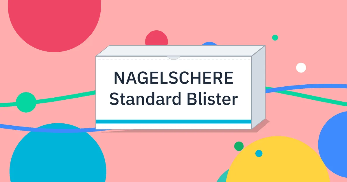 Symbolbild: Packung mit der Aufschrift NAGELSCHERE Standard Blister (PZN 01569541) – Verfügbarkeit und Bezug in Apotheken in Frankfurt am Main