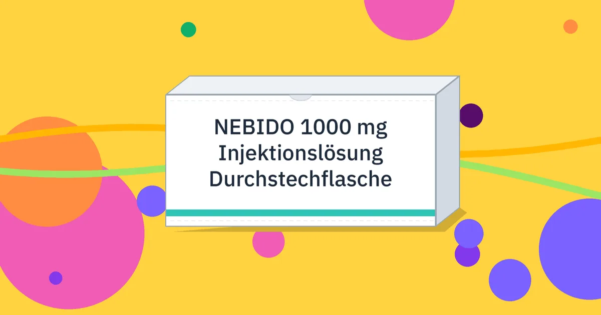 Symbolbild: Packung mit der Aufschrift NEBIDO 1000 mg Injektionslösung Durchstechflasche (PZN 18855222) – Verfügbarkeit und Bezug in Apotheken in Frankfurt am Main
