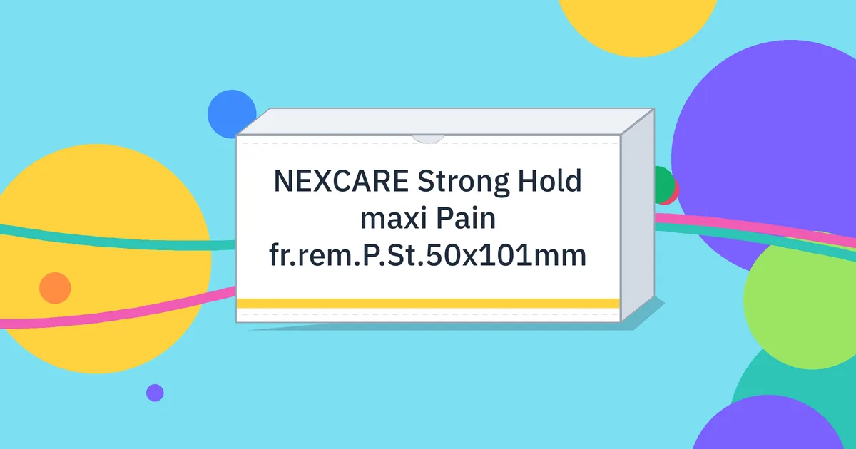 Symbolbild: Packung mit der Aufschrift NEXCARE Strong Hold maxi Pain fr.rem.P.St.50x101mm (PZN 16789969) – Verfügbarkeit und Bezug in Apotheken in Frankfurt am Main