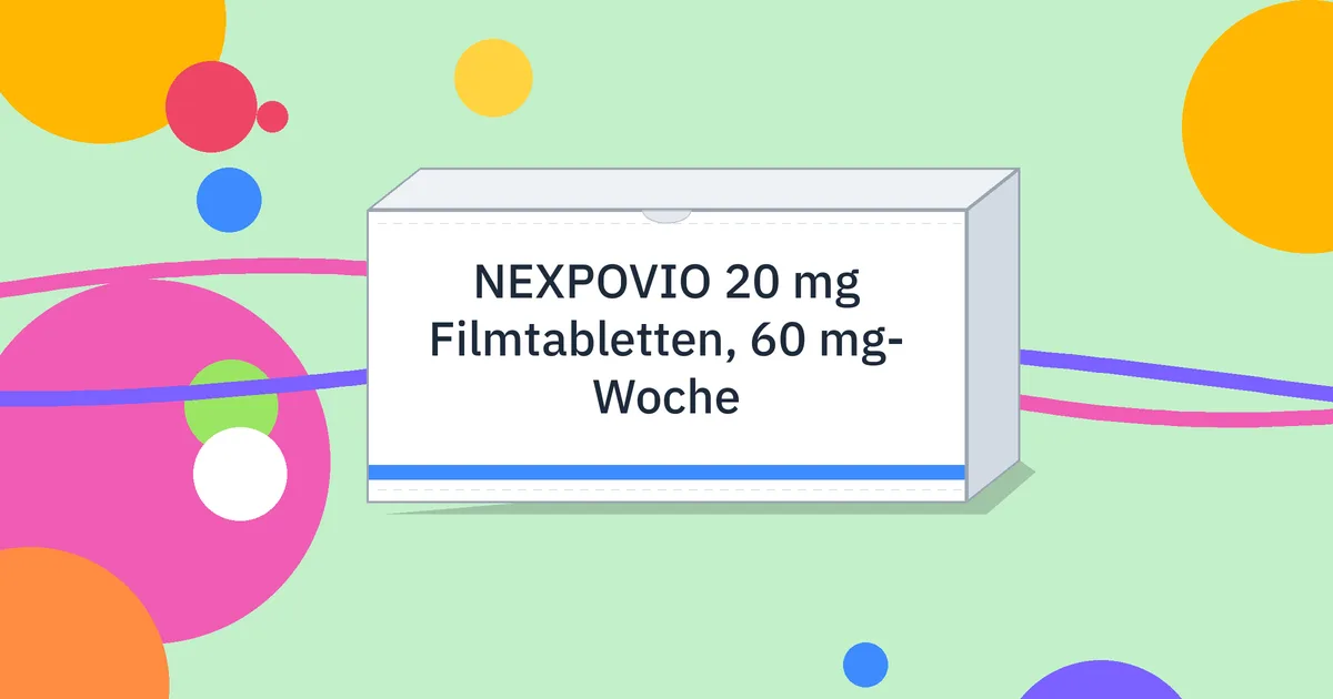 Symbolbild: Packung mit der Aufschrift NEXPOVIO 20 mg Filmtabletten, 60 mg-Woche (PZN 18093479) – Verfügbarkeit und Bezug in Apotheken in Frankfurt am Main