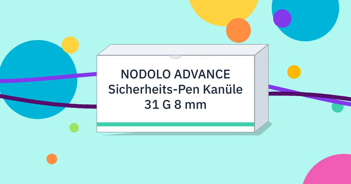 Symbolbild: Packung mit der Aufschrift NODOLO ADVANCE Sicherheits-Pen Kanüle 31 G 8 mm (PZN 19379887) – Verfügbarkeit und Bezug in Apotheken in Frankfurt am Main