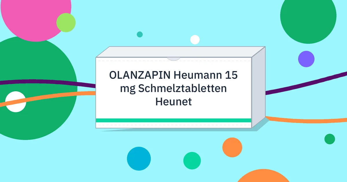 Symbolbild: Packung mit der Aufschrift OLANZAPIN Heumann 15 mg Schmelztabletten Heunet (PZN 09100163) – Verfügbarkeit und Bezug in Apotheken in Frankfurt am Main