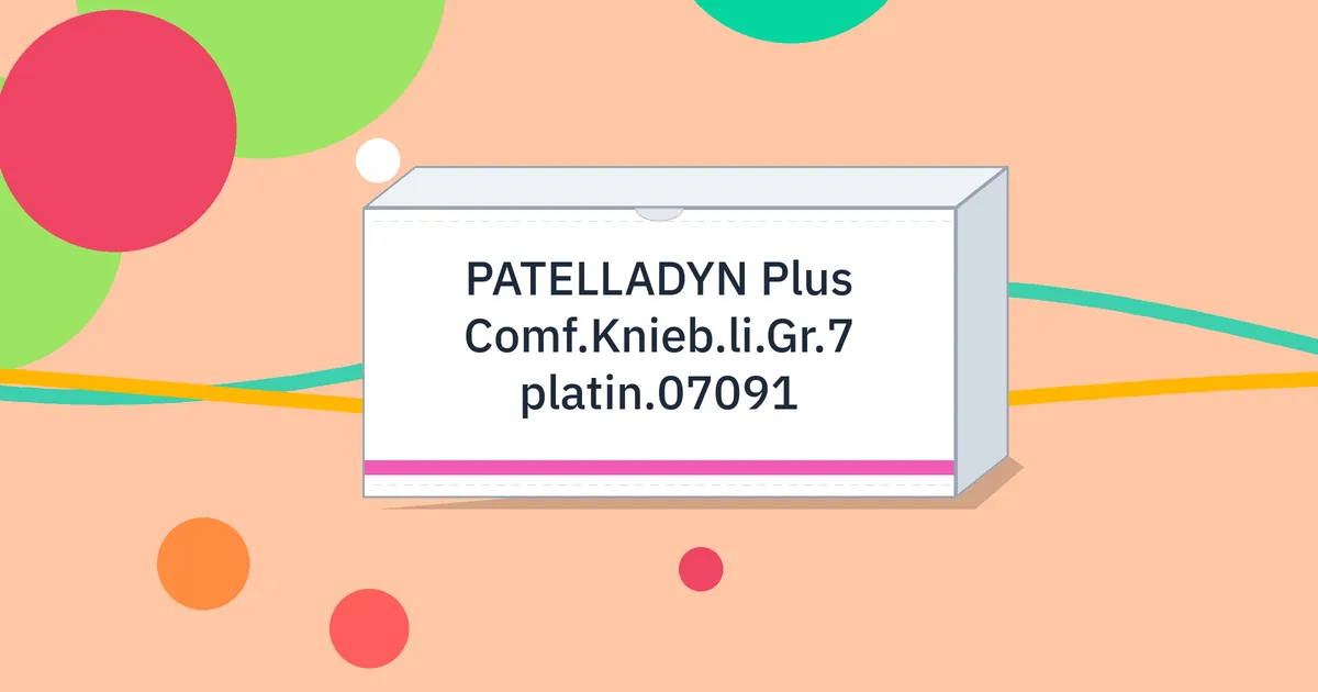 Symbolbild: Packung mit der Aufschrift PATELLADYN Plus Comf.Knieb.li.Gr.7 platin.07091 (PZN 18904570) – Verfügbarkeit und Bezug in Apotheken in Frankfurt am Main