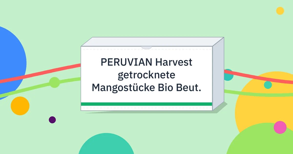 Symbolbild: Packung mit der Aufschrift PERUVIAN Harvest getrocknete Mangostücke Bio Beut. (PZN 15616439) – Verfügbarkeit und Bezug in Apotheken in Frankfurt am Main