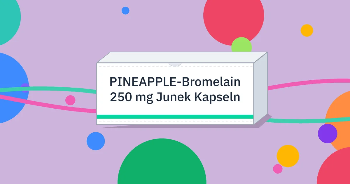 Symbolbild: Packung mit der Aufschrift PINEAPPLE-Bromelain 250 mg Junek Kapseln (PZN 02581515) – Verfügbarkeit und Bezug in Apotheken in Frankfurt am Main