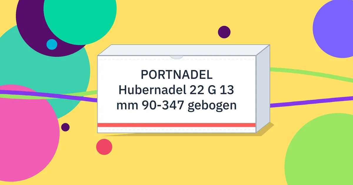 Symbolbild: Packung mit der Aufschrift PORTNADEL Hubernadel 22 G 13 mm 90-347 gebogen (PZN 02756831) – Verfügbarkeit und Bezug in Apotheken in Frankfurt am Main