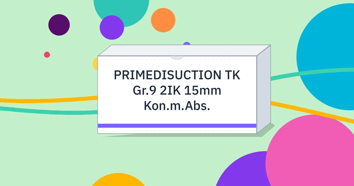 Symbolbild: Packung mit der Aufschrift PRIMEDISUCTION TK Gr.9 2IK 15mm Kon.m.Abs. (PZN 10282554) – Verfügbarkeit und Bezug in Apotheken in Frankfurt am Main