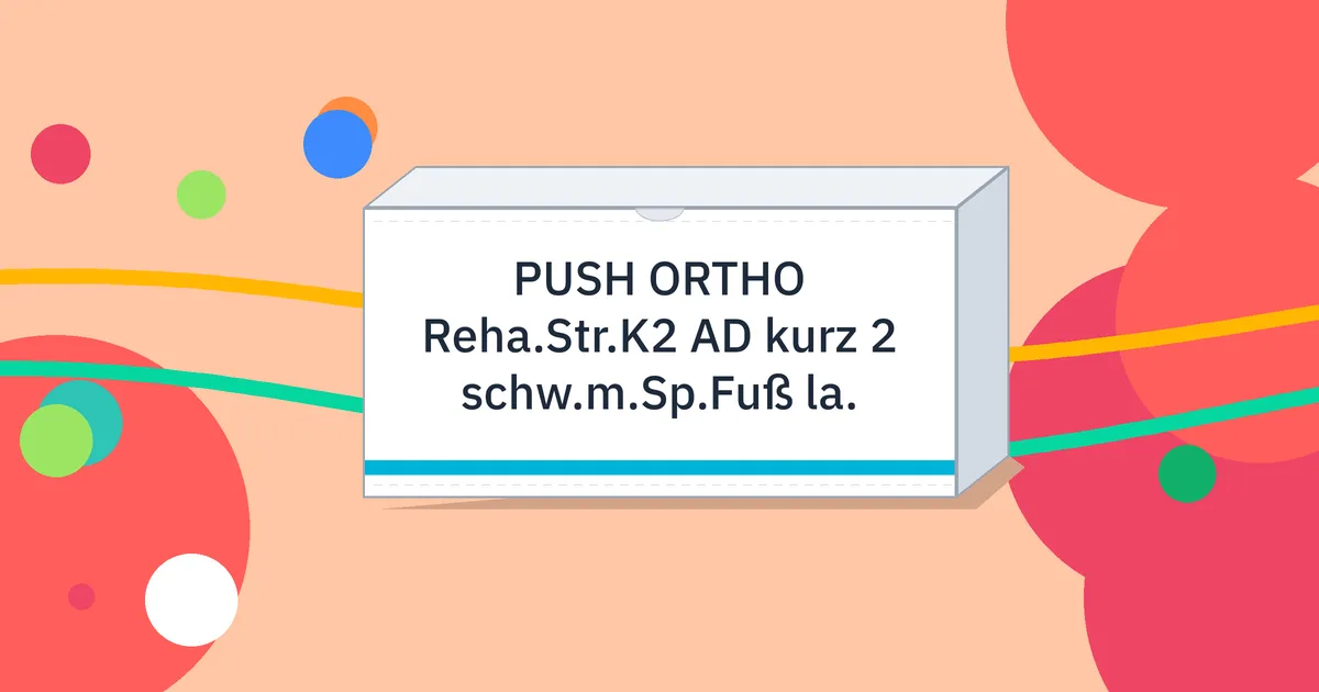 Symbolbild: Packung mit der Aufschrift PUSH ORTHO Reha.Str.K2 AD kurz 2 schw.m.Sp.Fuß la. (PZN 19157589) – Verfügbarkeit und Bezug in Apotheken in Frankfurt am Main