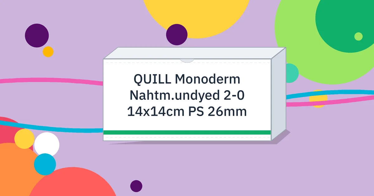 Symbolbild: Packung mit der Aufschrift QUILL Monoderm Nahtm.undyed 2-0 14x14cm PS 26mm (PZN 17988659) – Verfügbarkeit und Bezug in Apotheken in Frankfurt am Main