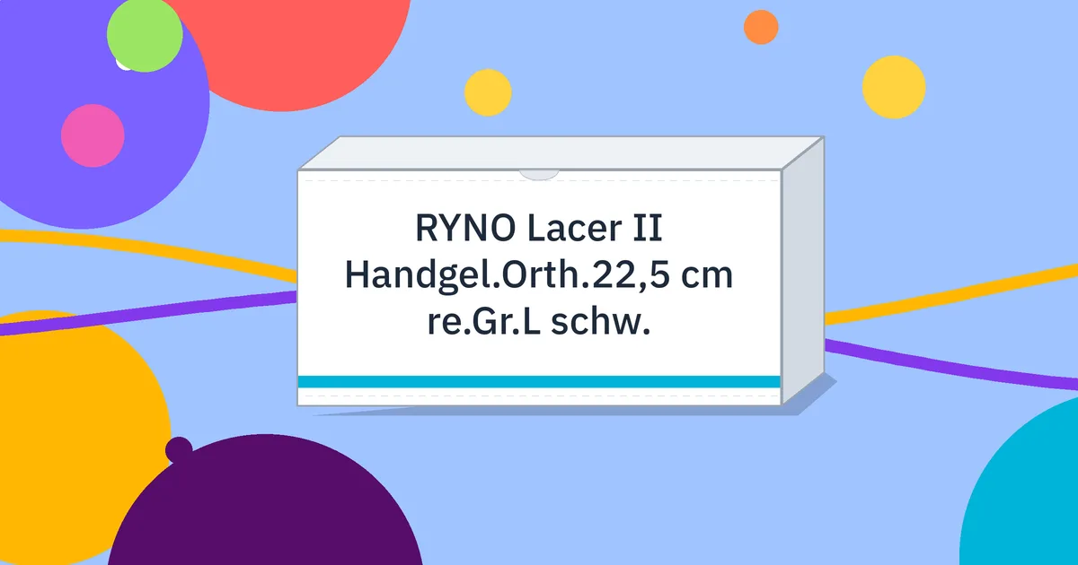 Symbolbild: Packung mit der Aufschrift RYNO Lacer II Handgel.Orth.22,5 cm re.Gr.L schw. (PZN 14048602) – Verfügbarkeit und Bezug in Apotheken in Frankfurt am Main