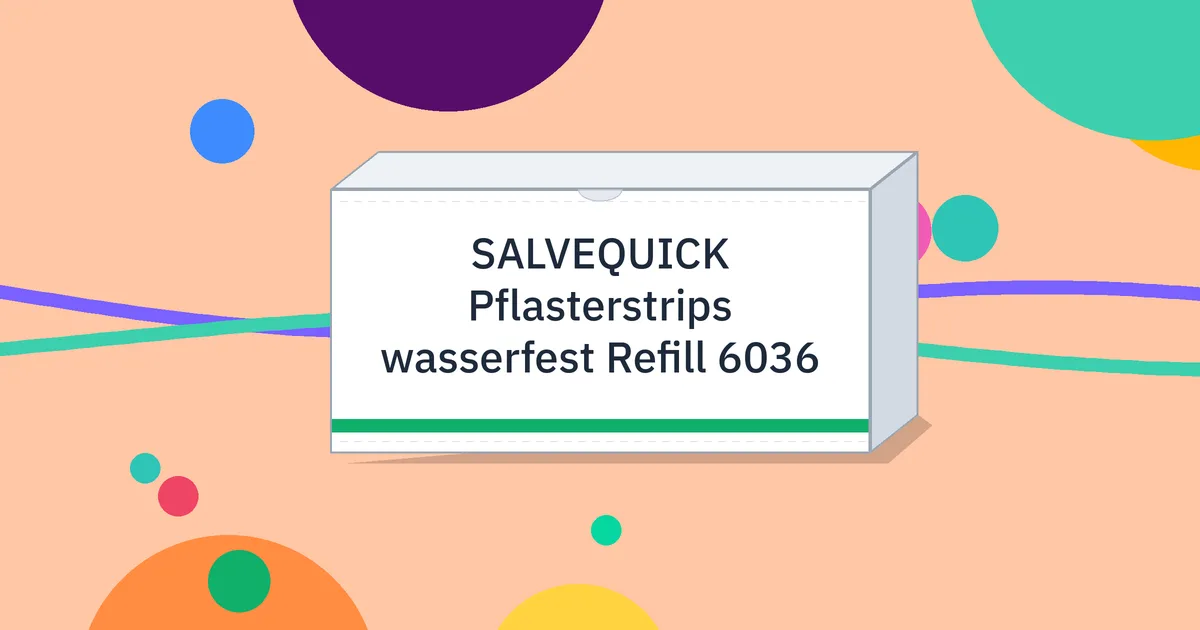 Symbolbild: Packung mit der Aufschrift SALVEQUICK Pflasterstrips wasserfest Refill 6036 (PZN 12604335) – Verfügbarkeit und Bezug in Apotheken in Frankfurt am Main