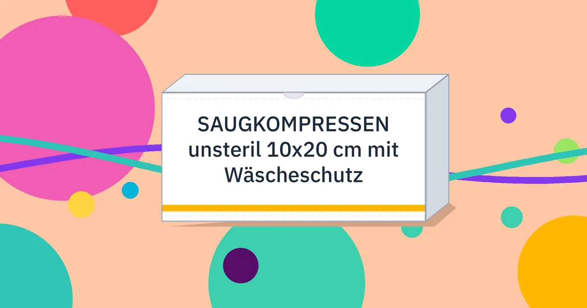 Symbolbild: Packung mit der Aufschrift SAUGKOMPRESSEN unsteril 10x20 cm mit Wäscheschutz (PZN 15866544) – Verfügbarkeit und Bezug in Apotheken in Frankfurt am Main