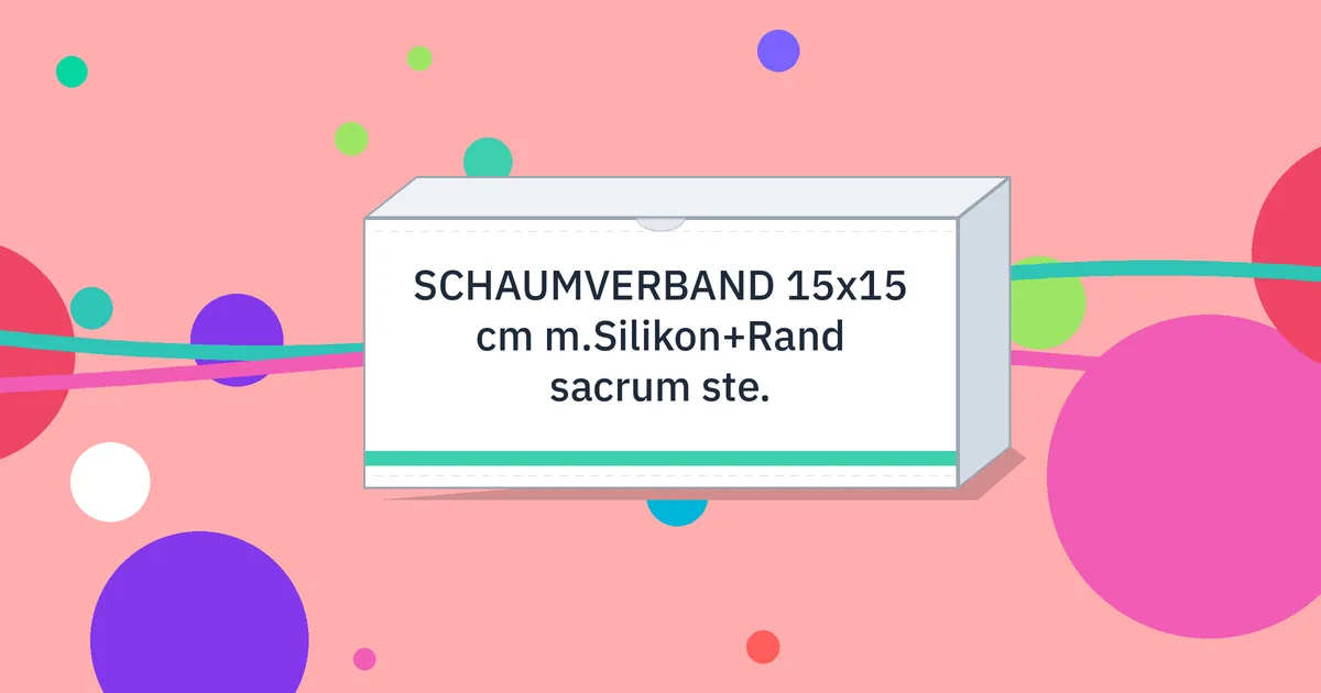 Symbolbild: Packung mit der Aufschrift SCHAUMVERBAND 15x15 cm m.Silikon+Rand sacrum ste. (PZN 19509309) – Verfügbarkeit und Bezug in Apotheken in Frankfurt am Main