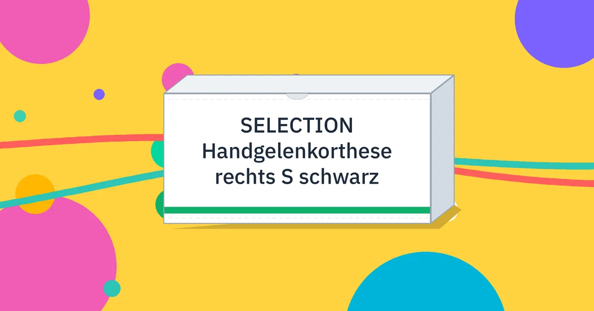 Symbolbild: Packung mit der Aufschrift SELECTION Handgelenkorthese rechts S schwarz (PZN 10839672) – Verfügbarkeit und Bezug in Apotheken in Frankfurt am Main