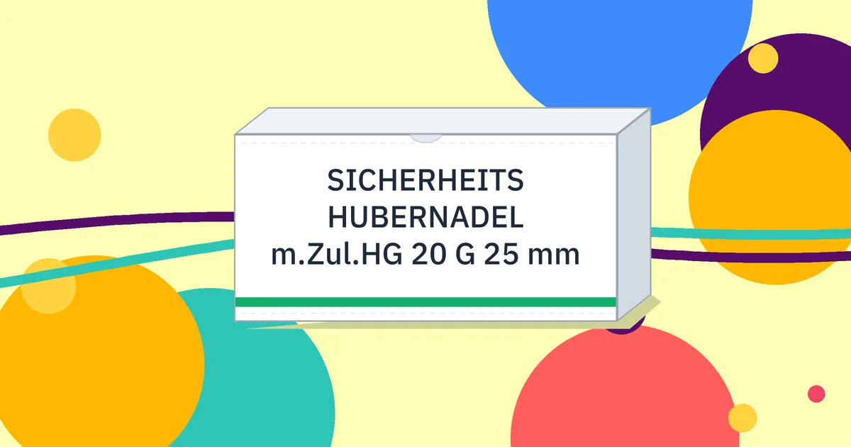 Symbolbild: Packung mit der Aufschrift SICHERHEITS HUBERNADEL m.Zul.HG 20 G 25 mm (PZN 12340505) – Verfügbarkeit und Bezug in Apotheken in Frankfurt am Main