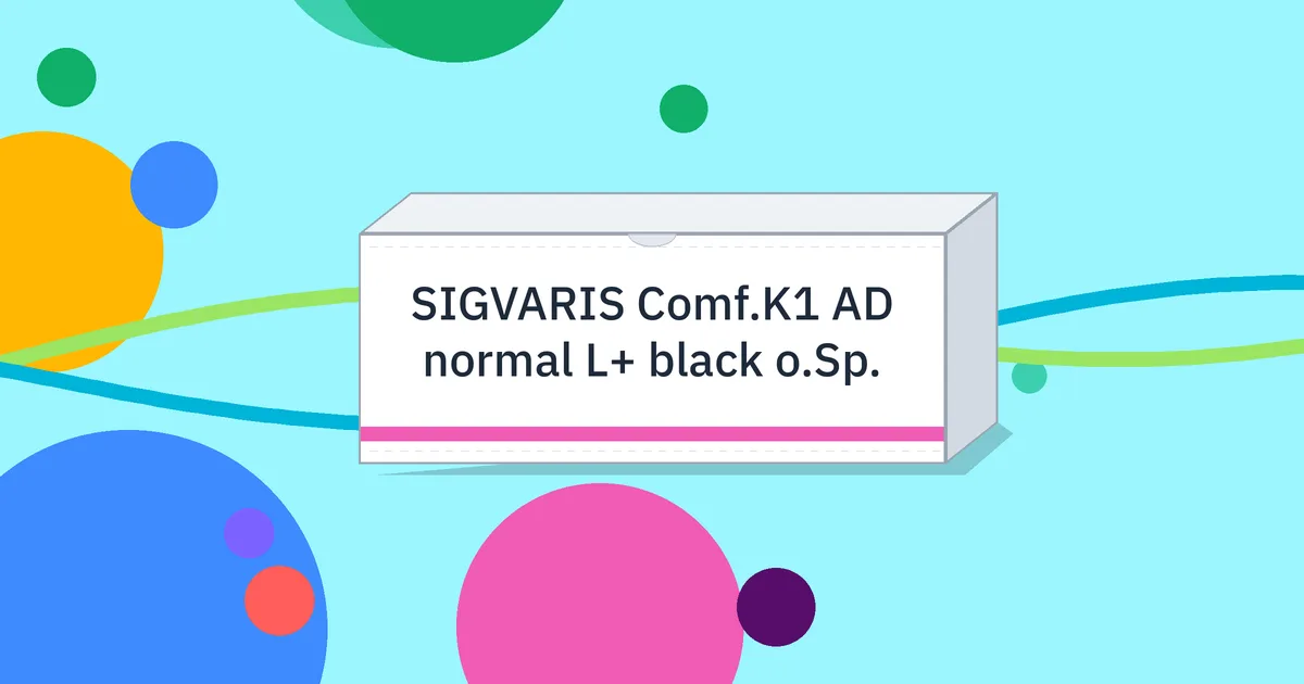 Symbolbild: Packung mit der Aufschrift SIGVARIS Comf.K1 AD normal L+ black o.Sp. (PZN 17041486) – Verfügbarkeit und Bezug in Apotheken in Frankfurt am Main