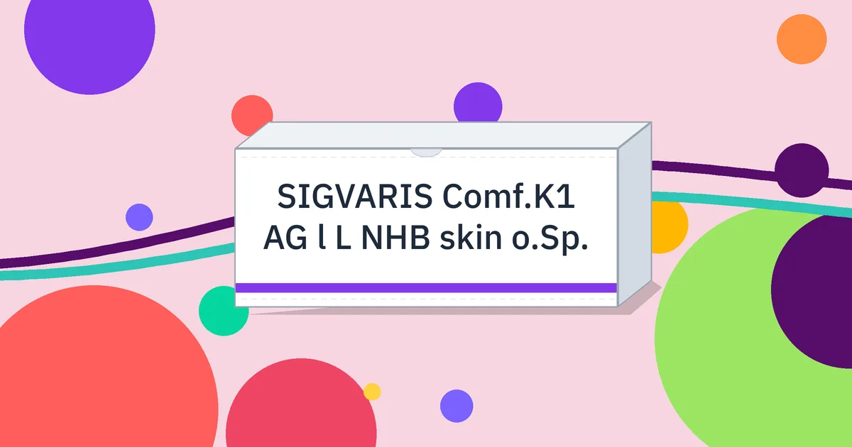 Symbolbild: Packung mit der Aufschrift SIGVARIS Comf.K1 AG l L NHB skin o.Sp. (PZN 17097877) – Verfügbarkeit und Bezug in Apotheken in Frankfurt am Main