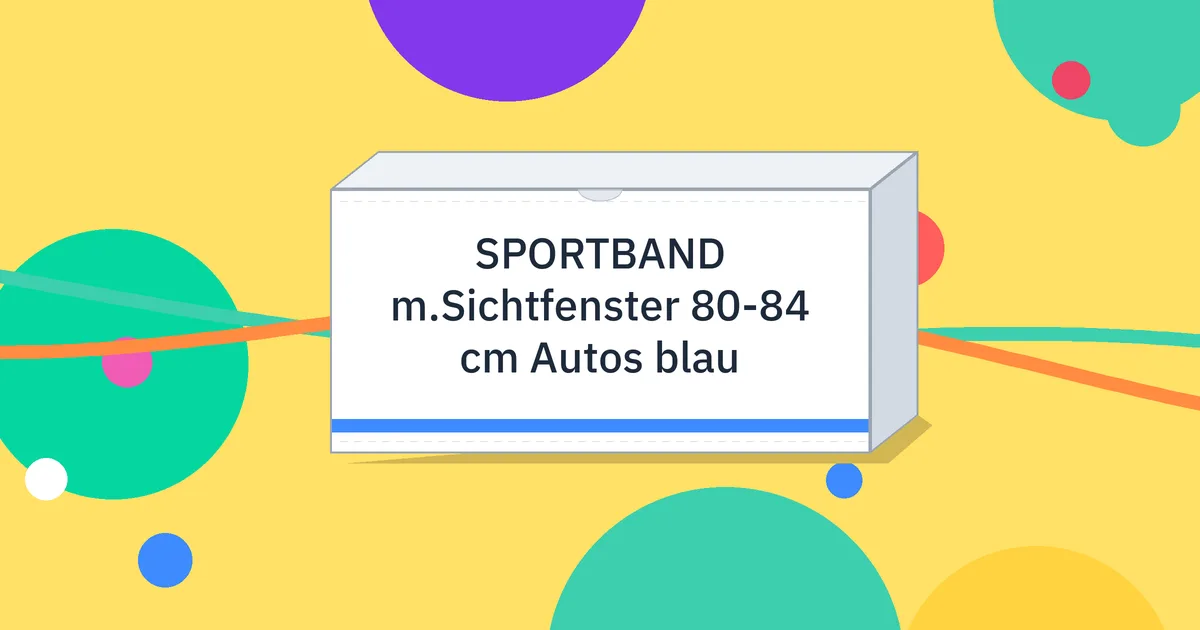 Symbolbild: Packung mit der Aufschrift SPORTBAND m.Sichtfenster 80-84 cm Autos blau (PZN 13916108) – Verfügbarkeit und Bezug in Apotheken in Frankfurt am Main