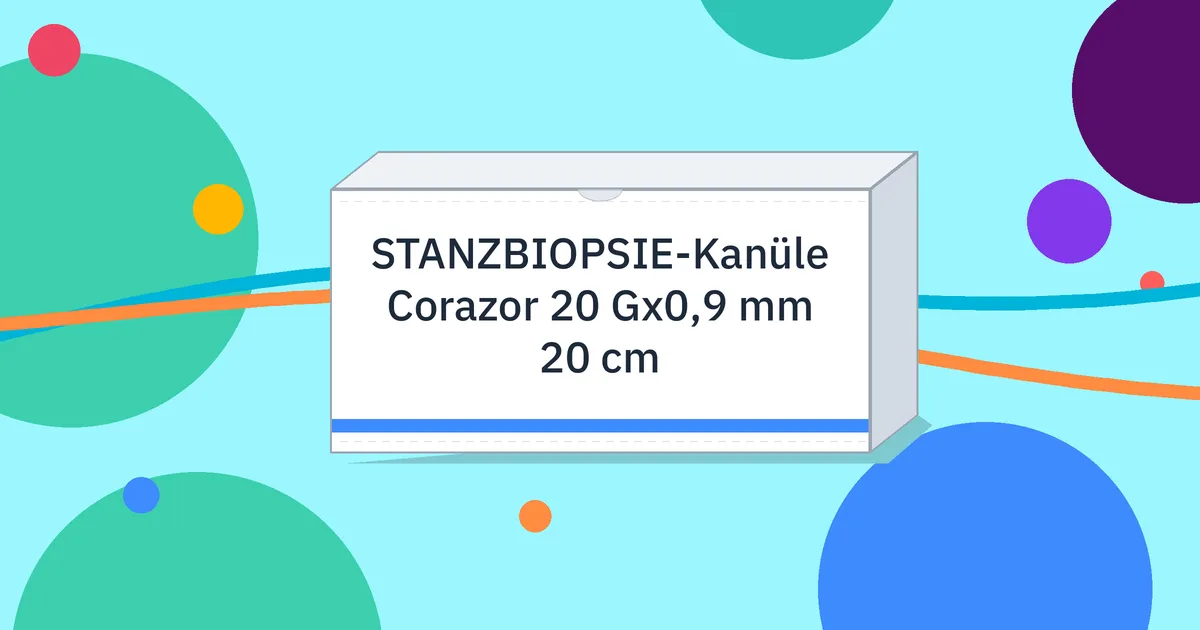 Symbolbild: Packung mit der Aufschrift STANZBIOPSIE-Kanüle Corazor 20 Gx0,9 mm 20 cm (PZN 20096077) – Verfügbarkeit und Bezug in Apotheken in Frankfurt am Main