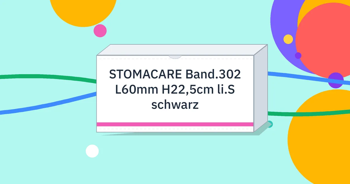 Symbolbild: Packung mit der Aufschrift STOMACARE Band.302 L60mm H22,5cm li.S schwarz (PZN 10840899) – Verfügbarkeit und Bezug in Apotheken in Frankfurt am Main