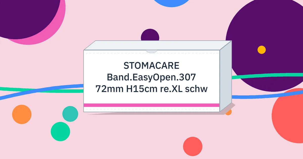 Symbolbild: Packung mit der Aufschrift STOMACARE Band.EasyOpen.307 72mm H15cm re.XL schw (PZN 09437649) – Verfügbarkeit und Bezug in Apotheken in Frankfurt am Main
