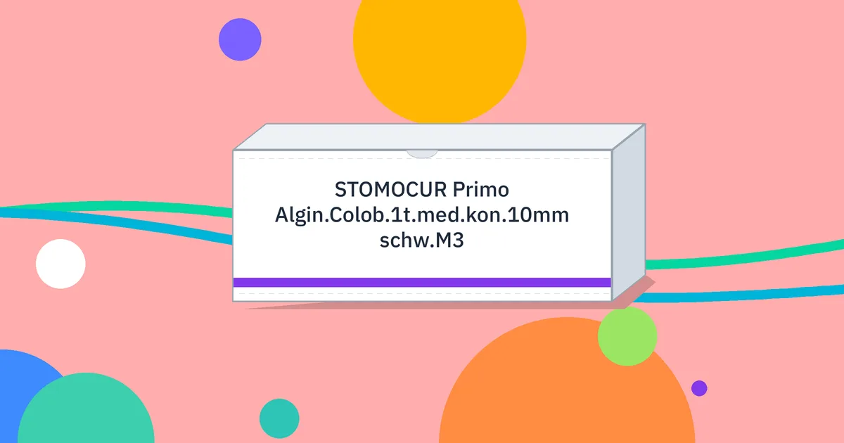 Symbolbild: Packung mit der Aufschrift STOMOCUR Primo Algin.Colob.1t.med.kon.10mm schw.M3 (PZN 19536625) – Verfügbarkeit und Bezug in Apotheken in Frankfurt am Main
