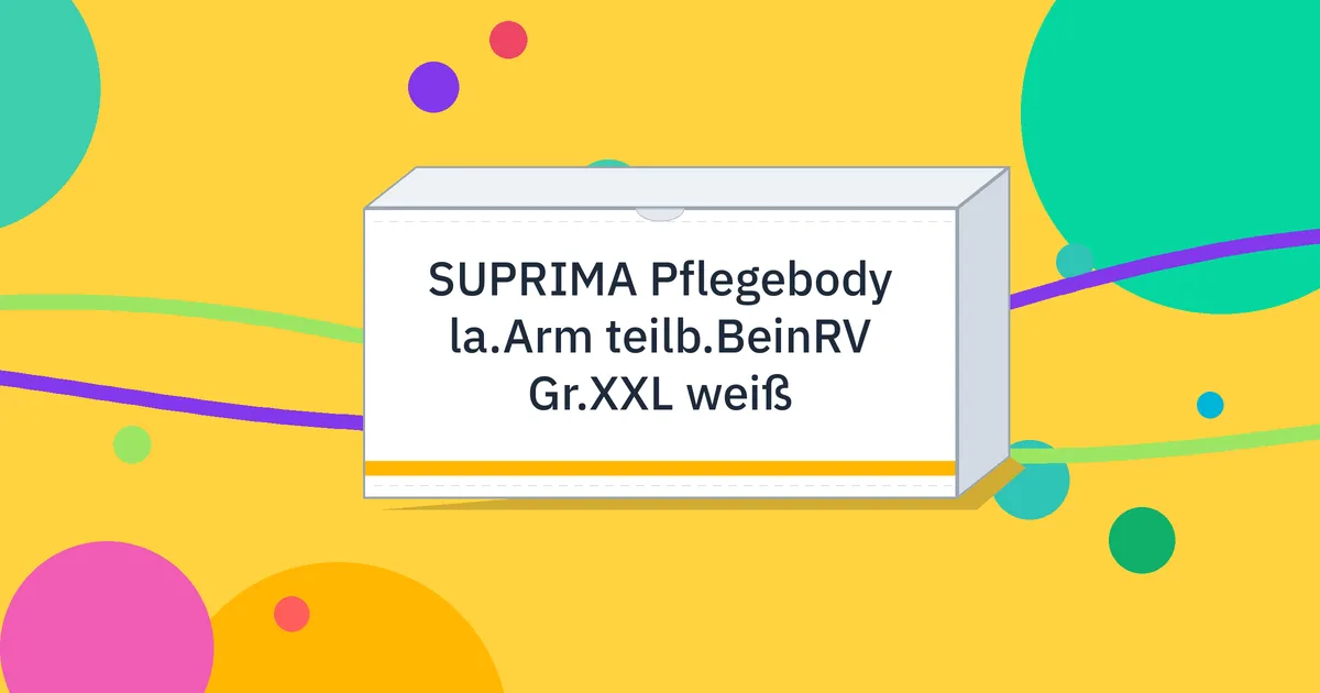 Symbolbild: Packung mit der Aufschrift SUPRIMA Pflegebody la.Arm teilb.BeinRV Gr.XXL weiß (PZN 09785586) – Verfügbarkeit und Bezug in Apotheken in Frankfurt am Main