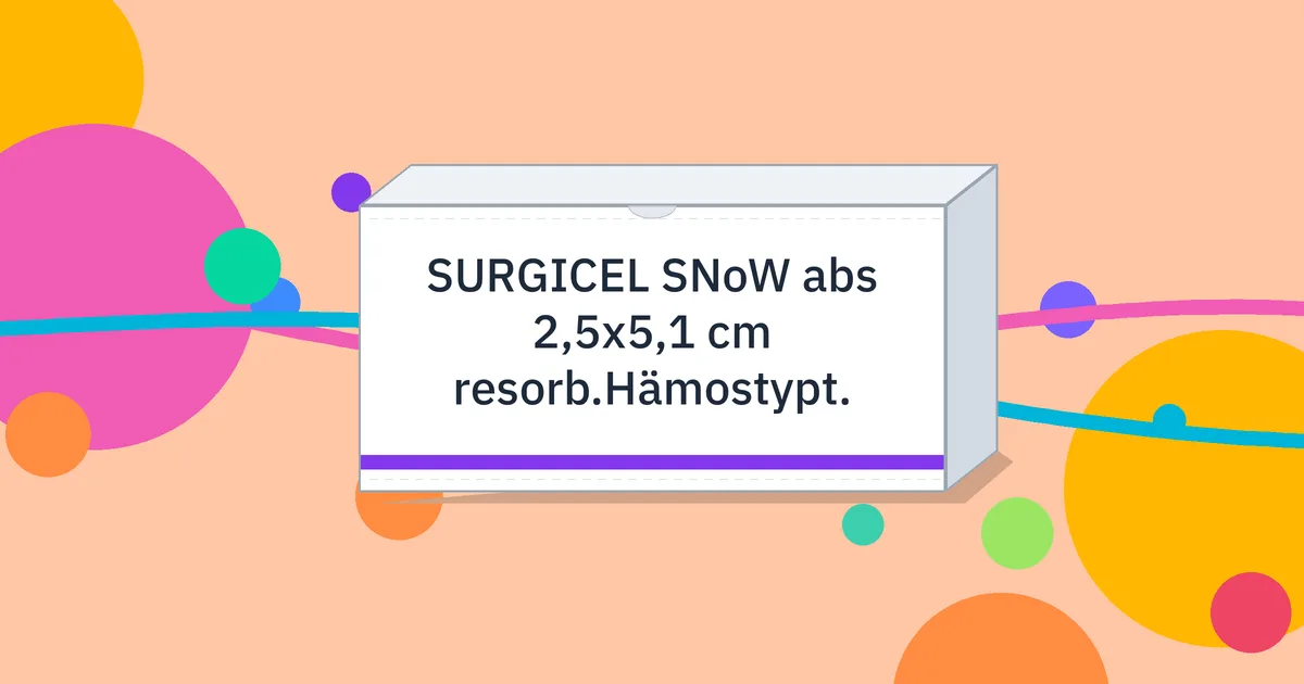 Symbolbild: Packung mit der Aufschrift SURGICEL SNoW abs 2,5x5,1 cm resorb.Hämostypt. (PZN 19885030) – Verfügbarkeit und Bezug in Apotheken in Frankfurt am Main
