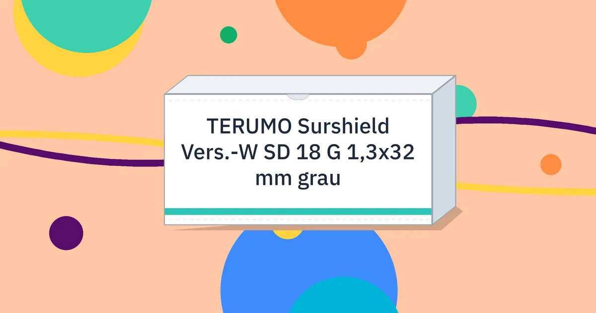 Symbolbild: Packung mit der Aufschrift TERUMO Surshield Vers.-W SD 18 G 1,3x32 mm grau (PZN 17630596) – Verfügbarkeit und Bezug in Apotheken in Frankfurt am Main