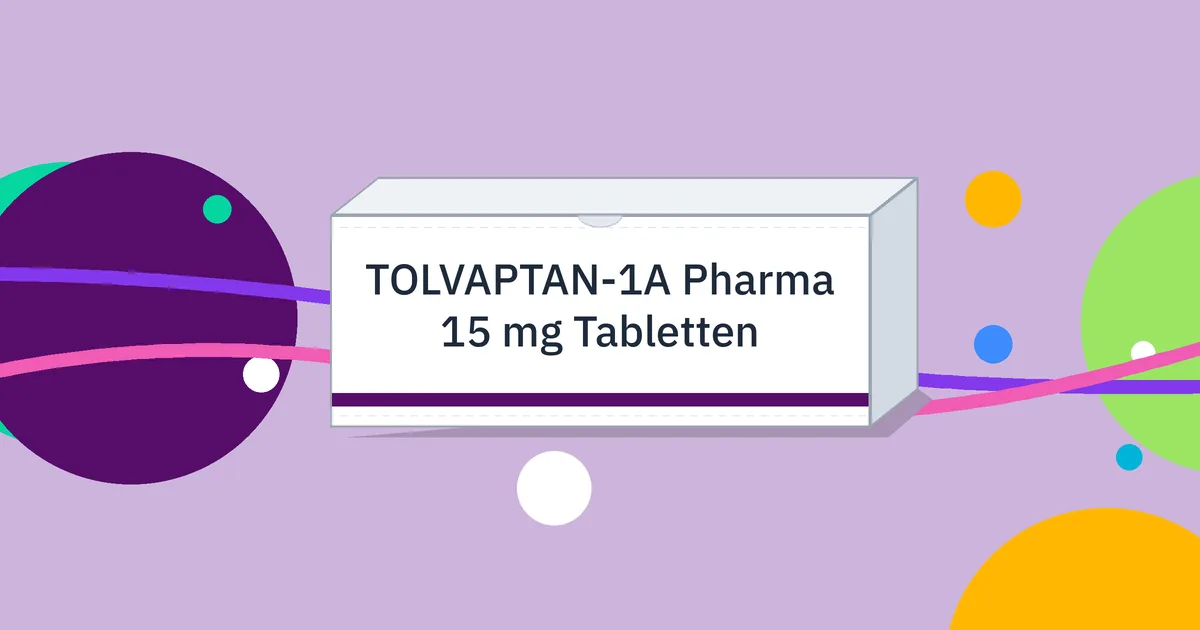 Symbolbild: Packung mit der Aufschrift TOLVAPTAN-1A Pharma 15 mg Tabletten (PZN 19100885) – Verfügbarkeit und Bezug in Apotheken in Frankfurt am Main