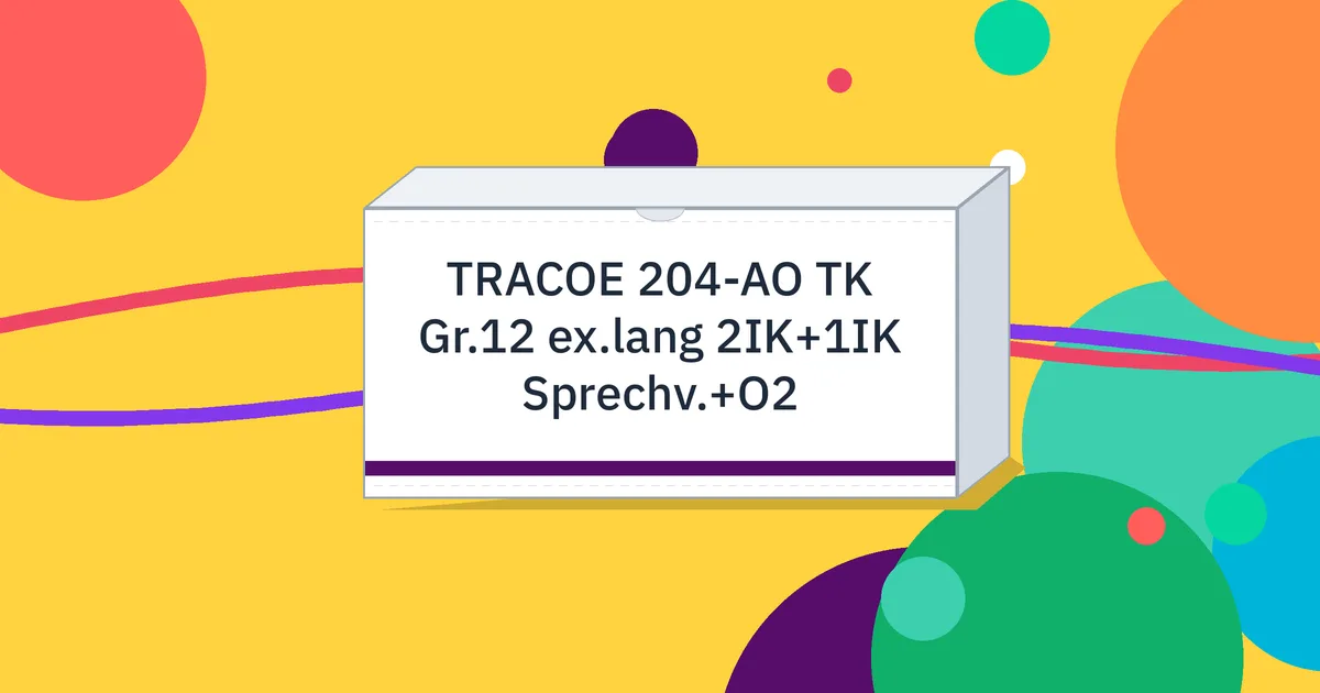Symbolbild: Packung mit der Aufschrift TRACOE 204-AO TK Gr.12 ex.lang 2IK+1IK Sprechv.+O2 (PZN 17274167) – Verfügbarkeit und Bezug in Apotheken in Frankfurt am Main