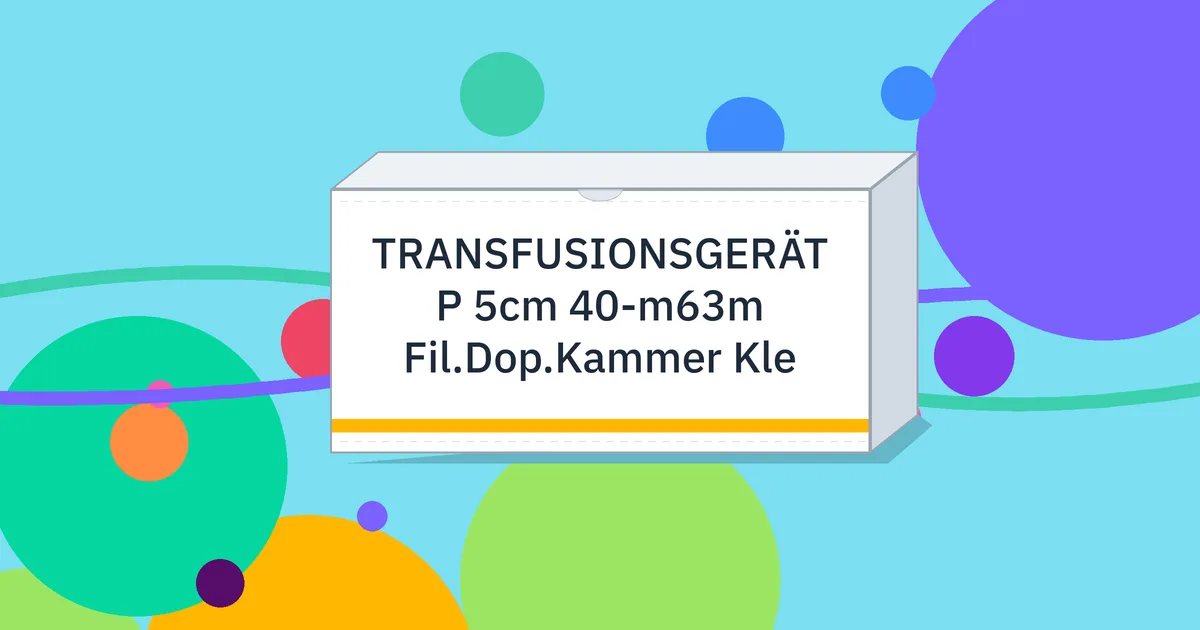 Symbolbild: Packung mit der Aufschrift TRANSFUSIONSGERÄT P 5cm 40-m63m Fil.Dop.Kammer Kle (PZN 17486716) – Verfügbarkeit und Bezug in Apotheken in Frankfurt am Main