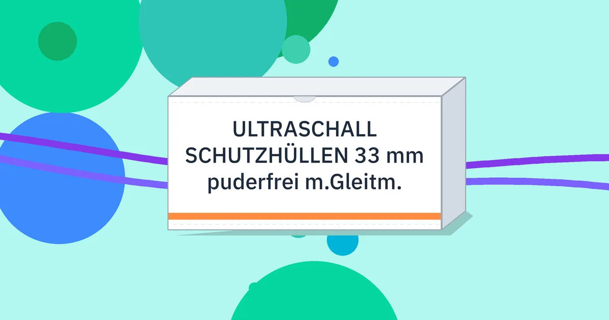 Symbolbild: Packung mit der Aufschrift ULTRASCHALL SCHUTZHÜLLEN 33 mm puderfrei m.Gleitm. (PZN 11319466) – Verfügbarkeit und Bezug in Apotheken in Frankfurt am Main