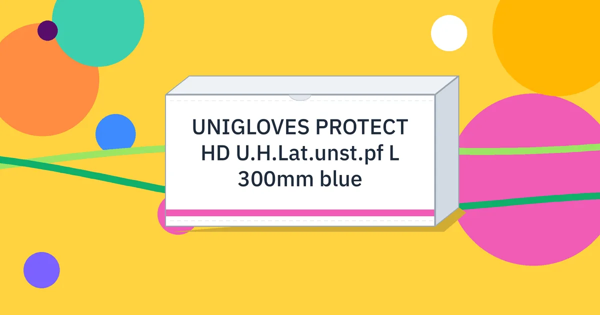 Symbolbild: Packung mit der Aufschrift UNIGLOVES PROTECT HD U.H.Lat.unst.pf L 300mm blue (PZN 20366890) – Verfügbarkeit und Bezug in Apotheken in Frankfurt am Main