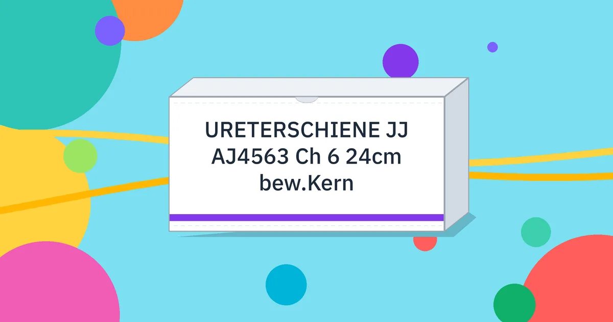 Symbolbild: Packung mit der Aufschrift URETERSCHIENE JJ AJ4563 Ch 6 24cm bew.Kern (PZN 01357247) – Verfügbarkeit und Bezug in Apotheken in Frankfurt am Main