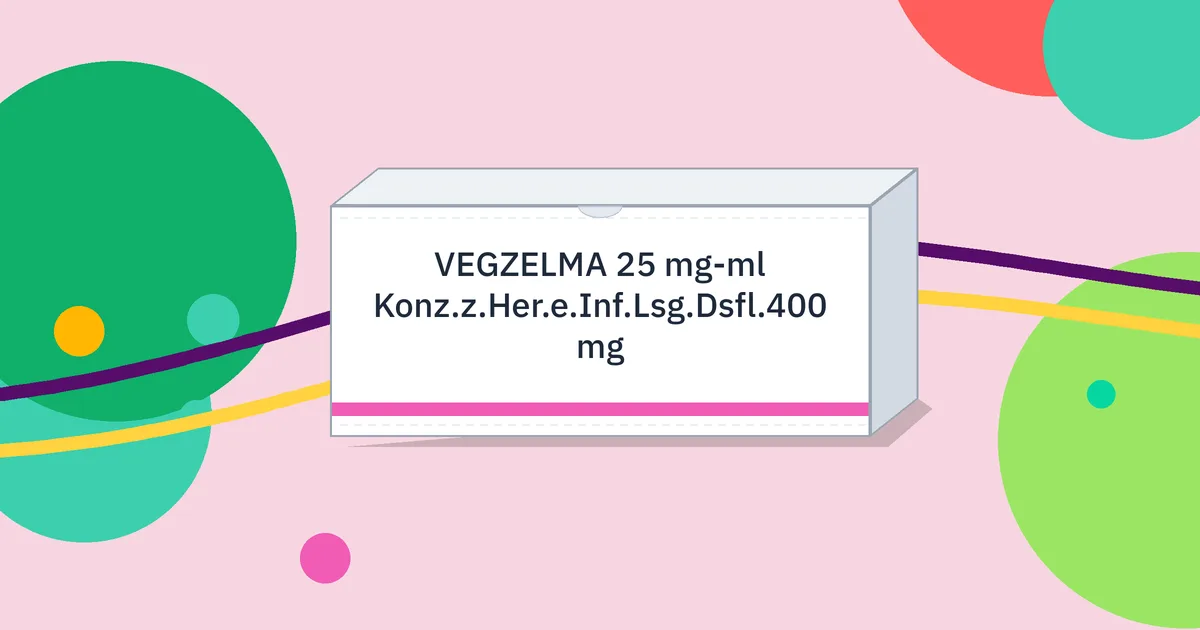 Symbolbild: Packung mit der Aufschrift VEGZELMA 25 mg-ml Konz.z.Her.e.Inf.Lsg.Dsfl.400 mg (PZN 19520110) – Verfügbarkeit und Bezug in Apotheken in Frankfurt am Main