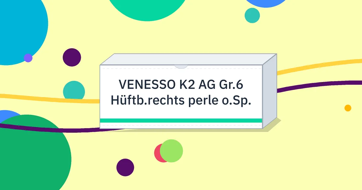 Symbolbild: Packung mit der Aufschrift VENESSO K2 AG Gr.6 Hüftb.rechts perle o.Sp. (PZN 03272130) – Verfügbarkeit und Bezug in Apotheken in Frankfurt am Main